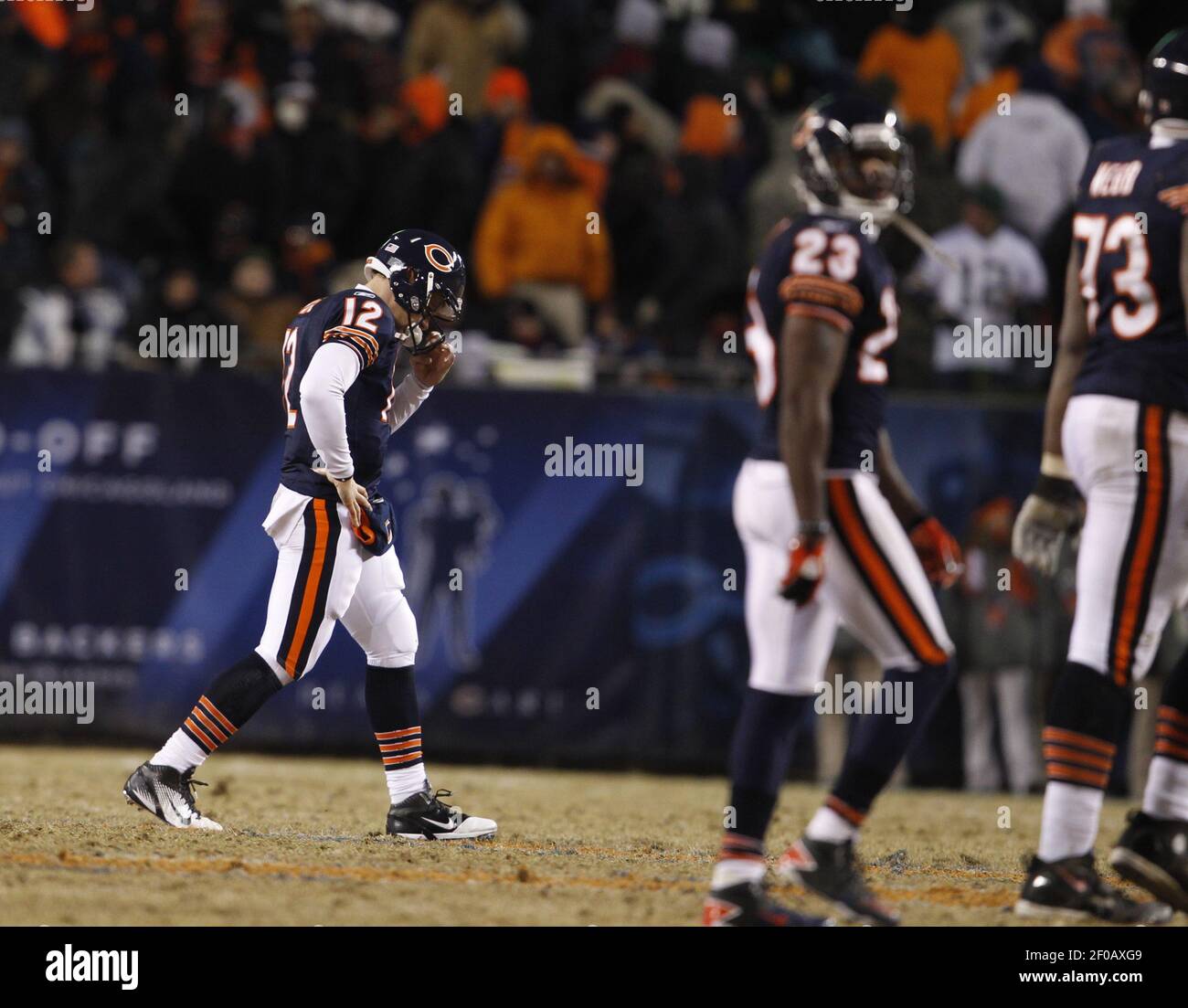 Chicago Bears quarterback Caleb Hanie (12) throws an interception in the 4th quarter of the NFC ...