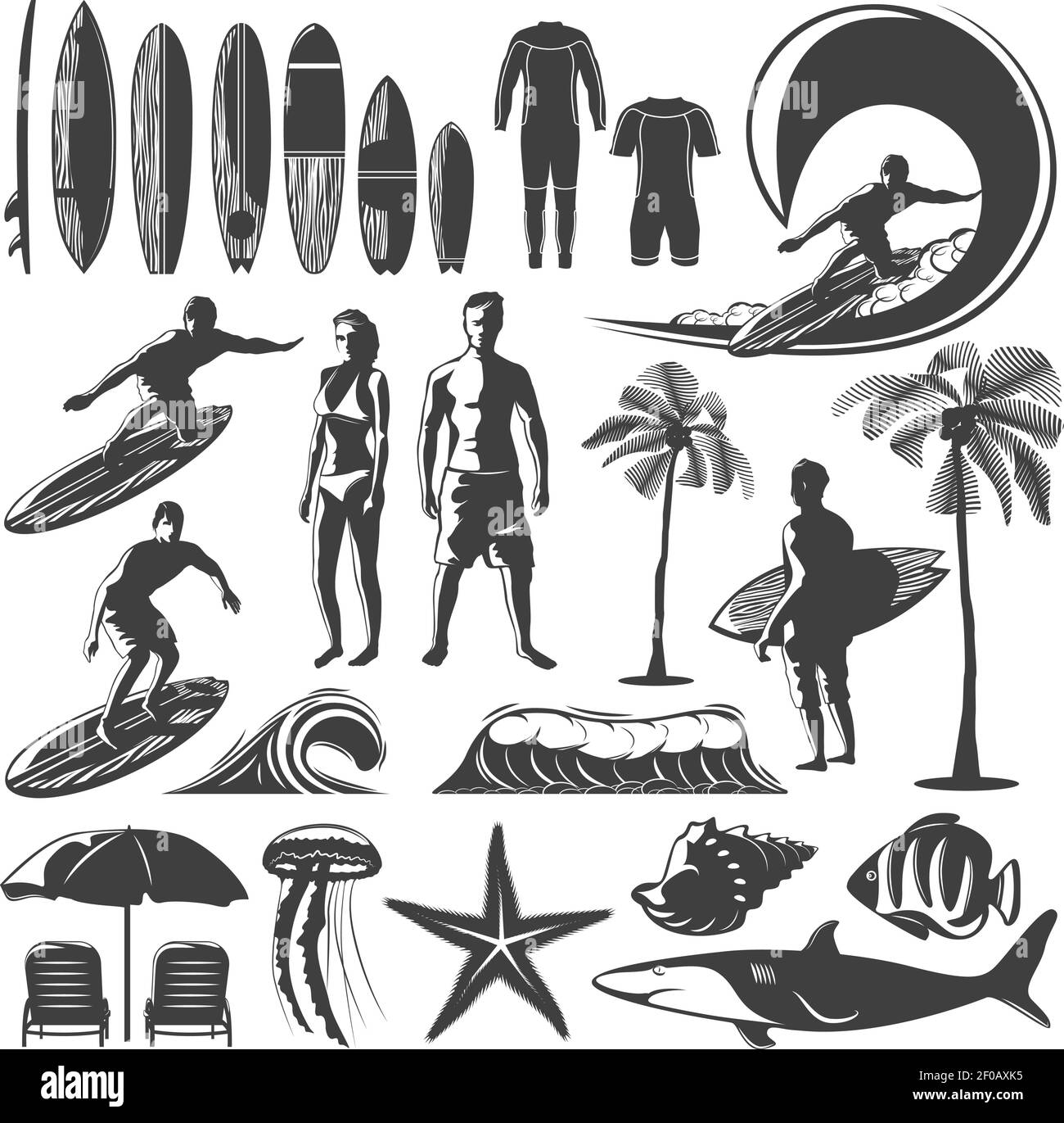 Surfing icon set with men and women on the beach equipment and ...
