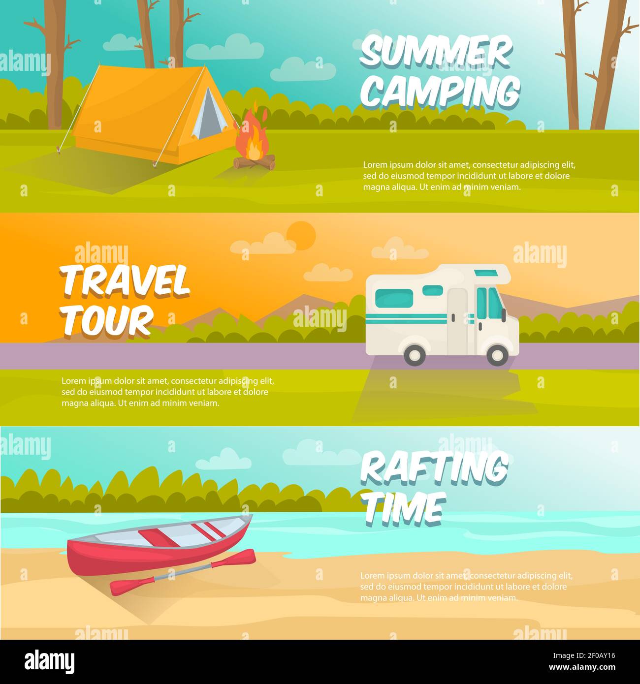 Summer camping horizontal banners set with tent bonfire in forest ...