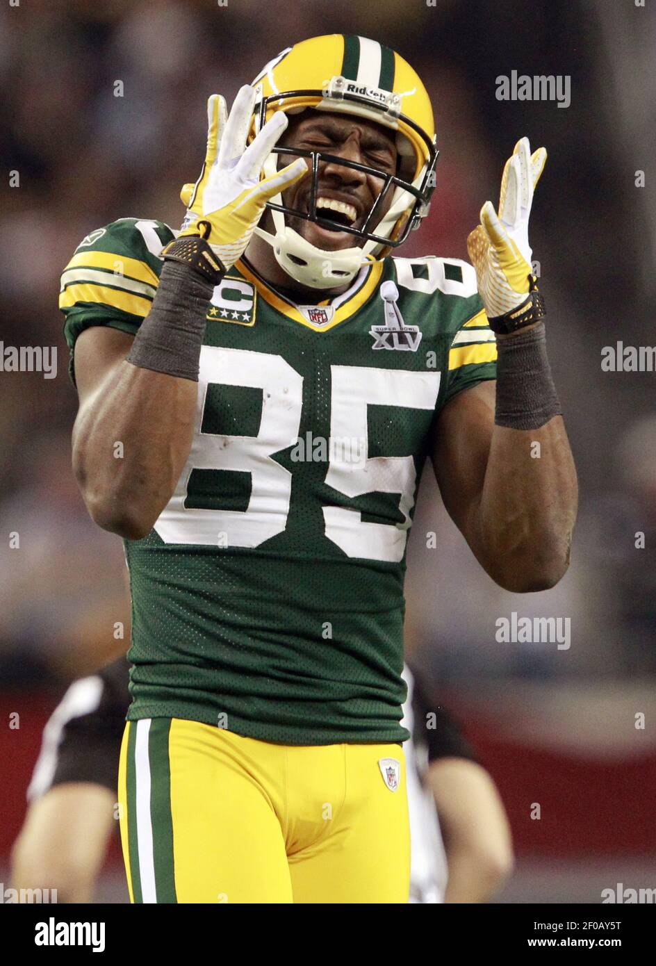 Green Bay Packers wide receiver Greg Jennings (85) celebrates a first ...