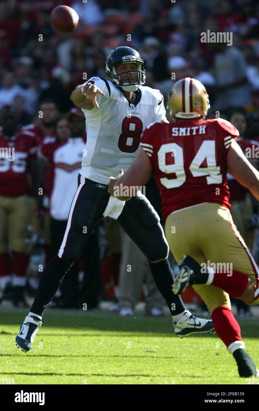 Houston Texans quarterback Matt Schaub (8) throws on the run against ...