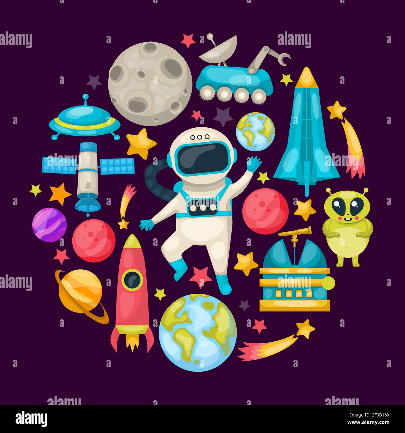 Space colored composition with icon set composed in round on cosmic ...
