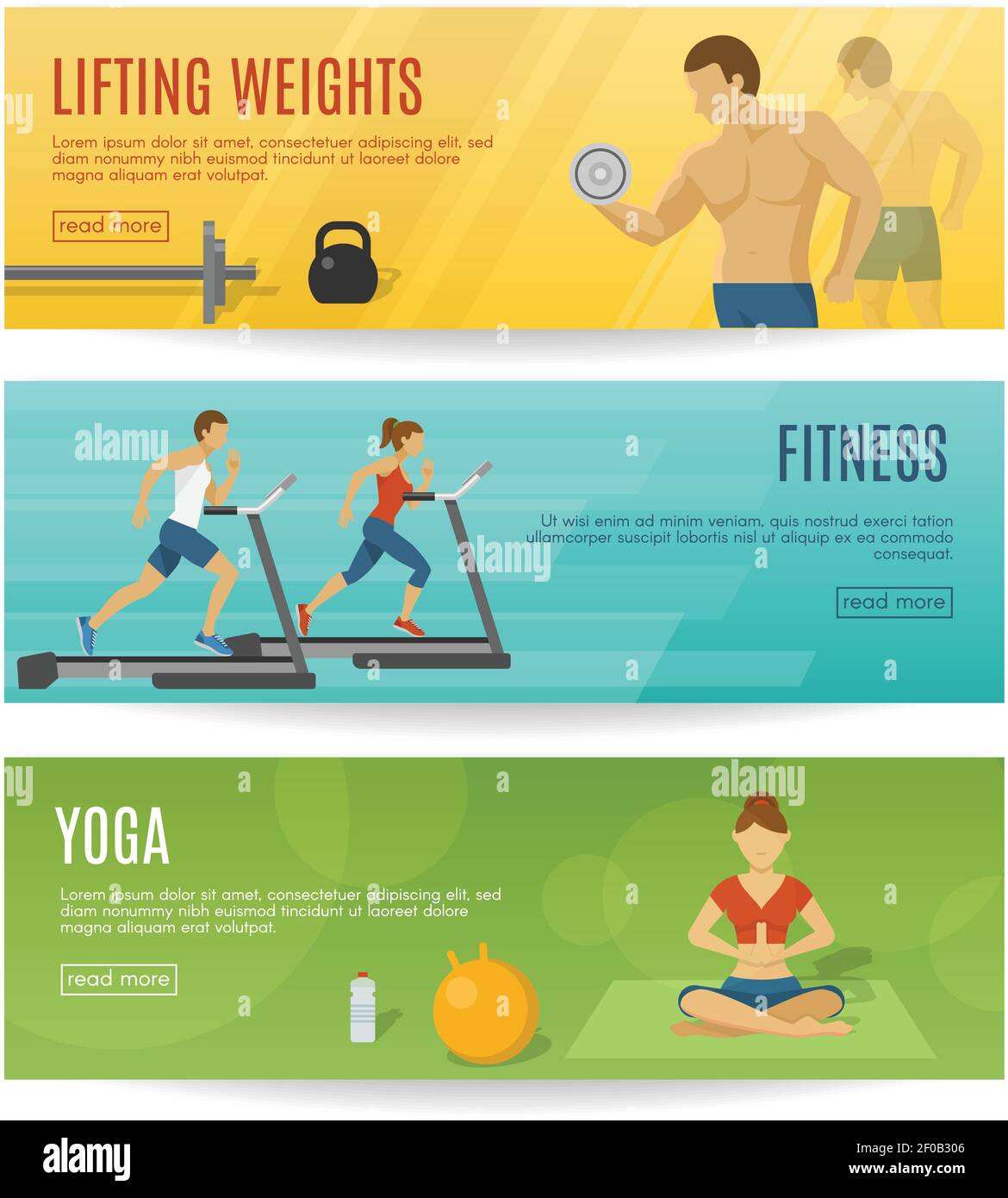 Sportive Lifestyle Horizontal Banners Set With Lifting Weights Fitness