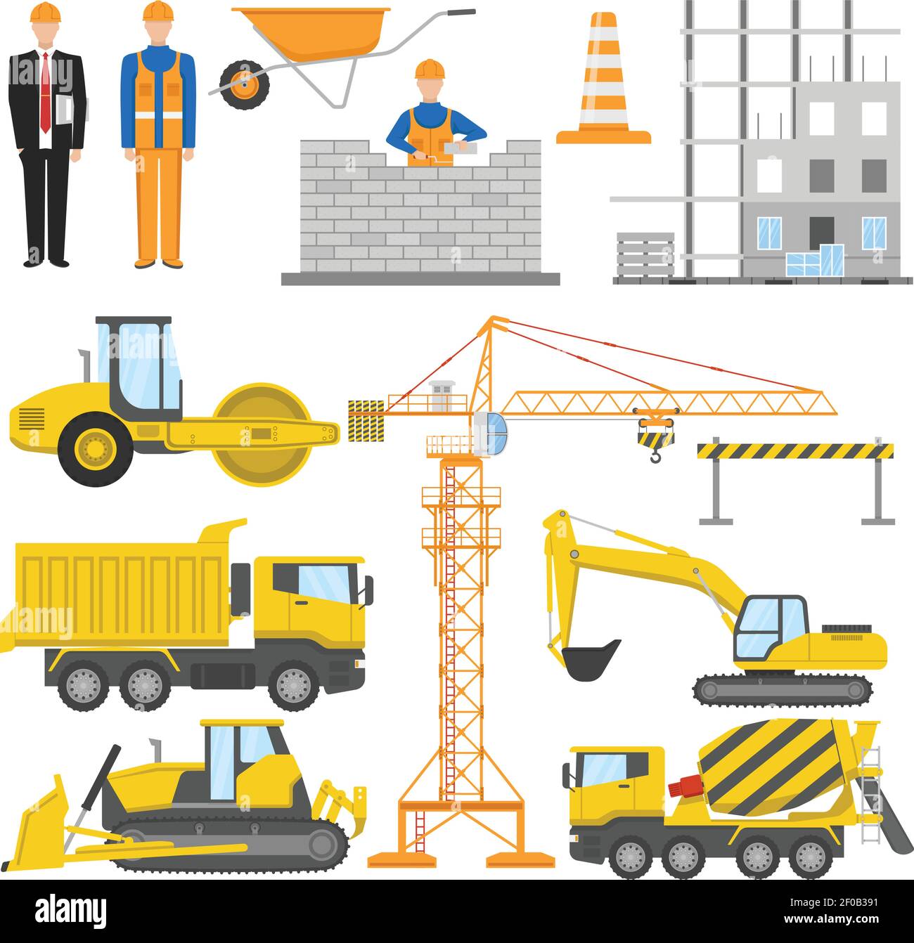 Construction flat elements set with architect and worker building ...