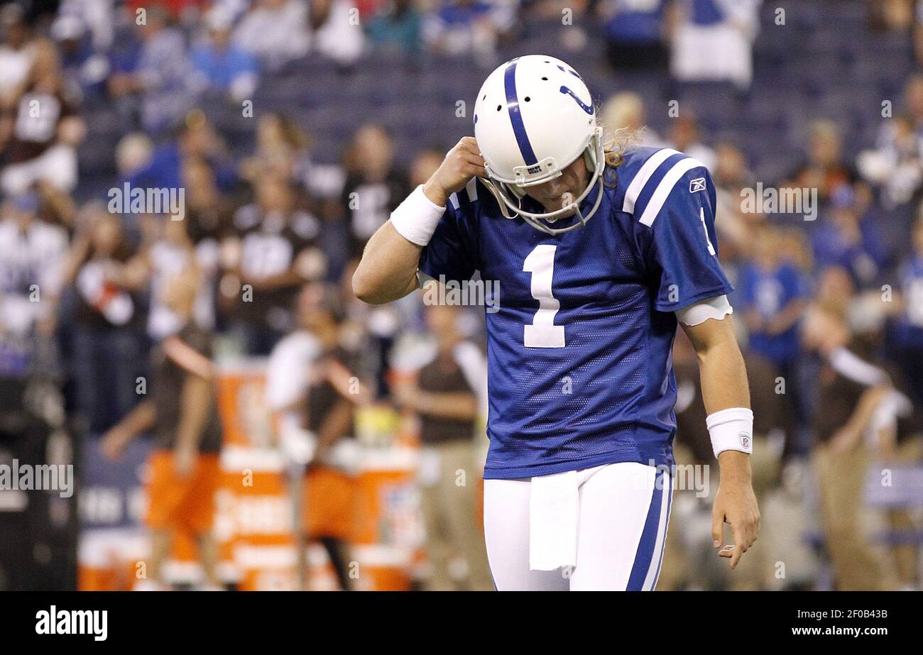 Indianapolis Colts punter Pat McAfee (1) walks off the field after the ...