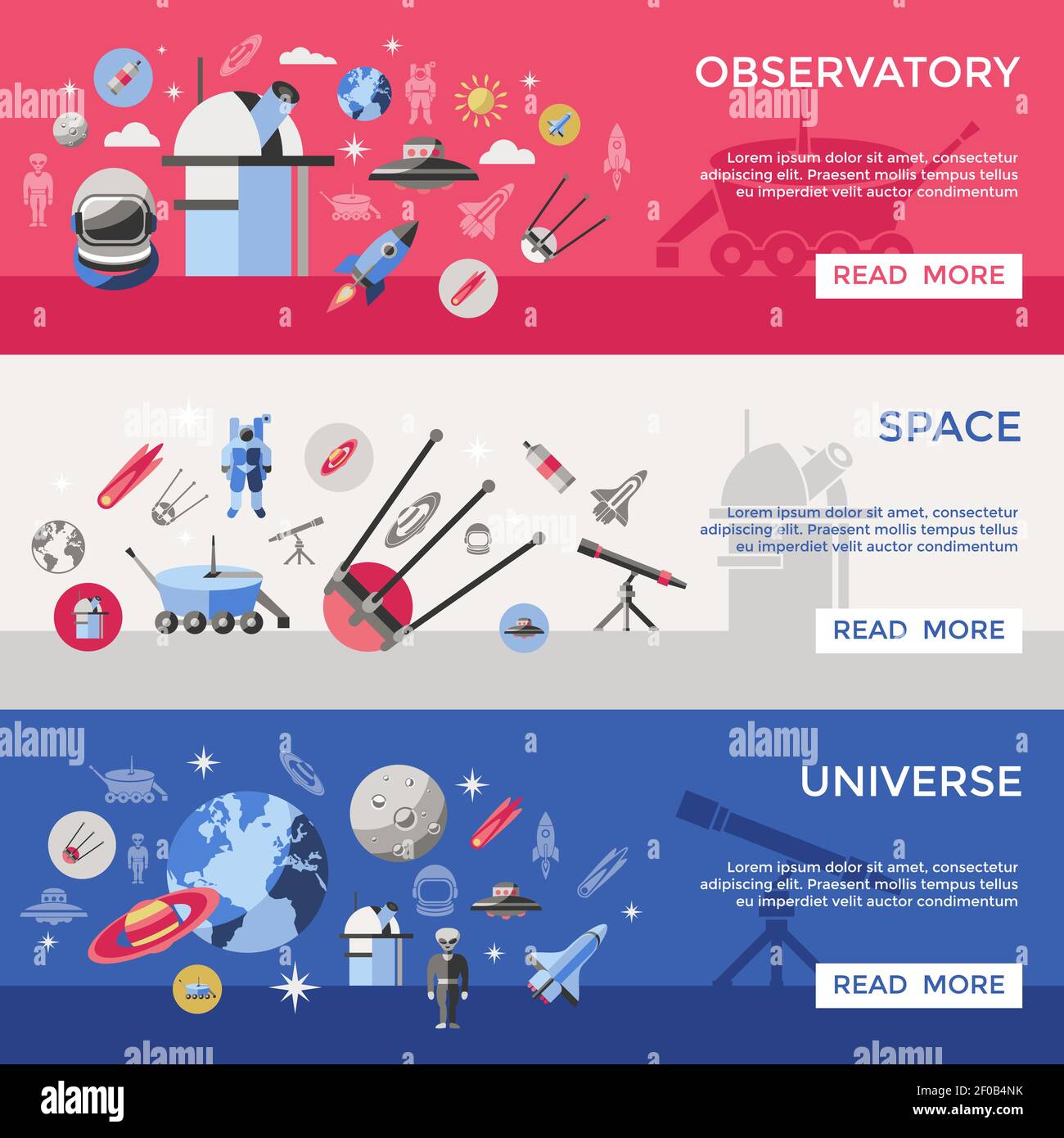 Three horizontal space banner set with descriptions of observatory ...