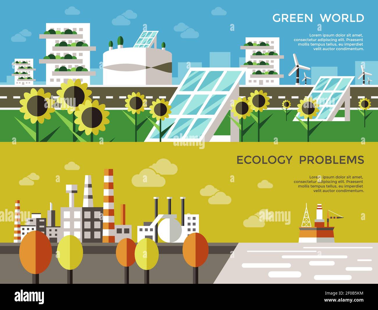 Two ecology colored banner set on green world and ecology problems ...