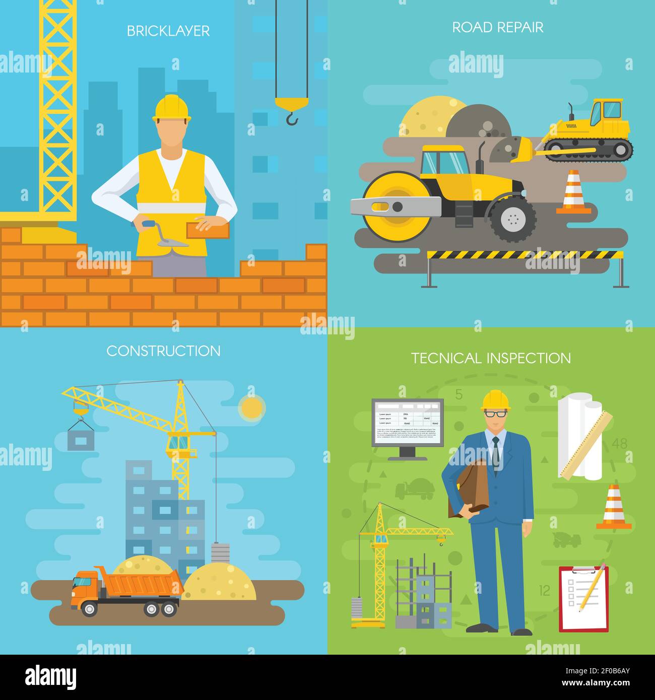 Construction icon set with descriptions of bricklayer road repair ...