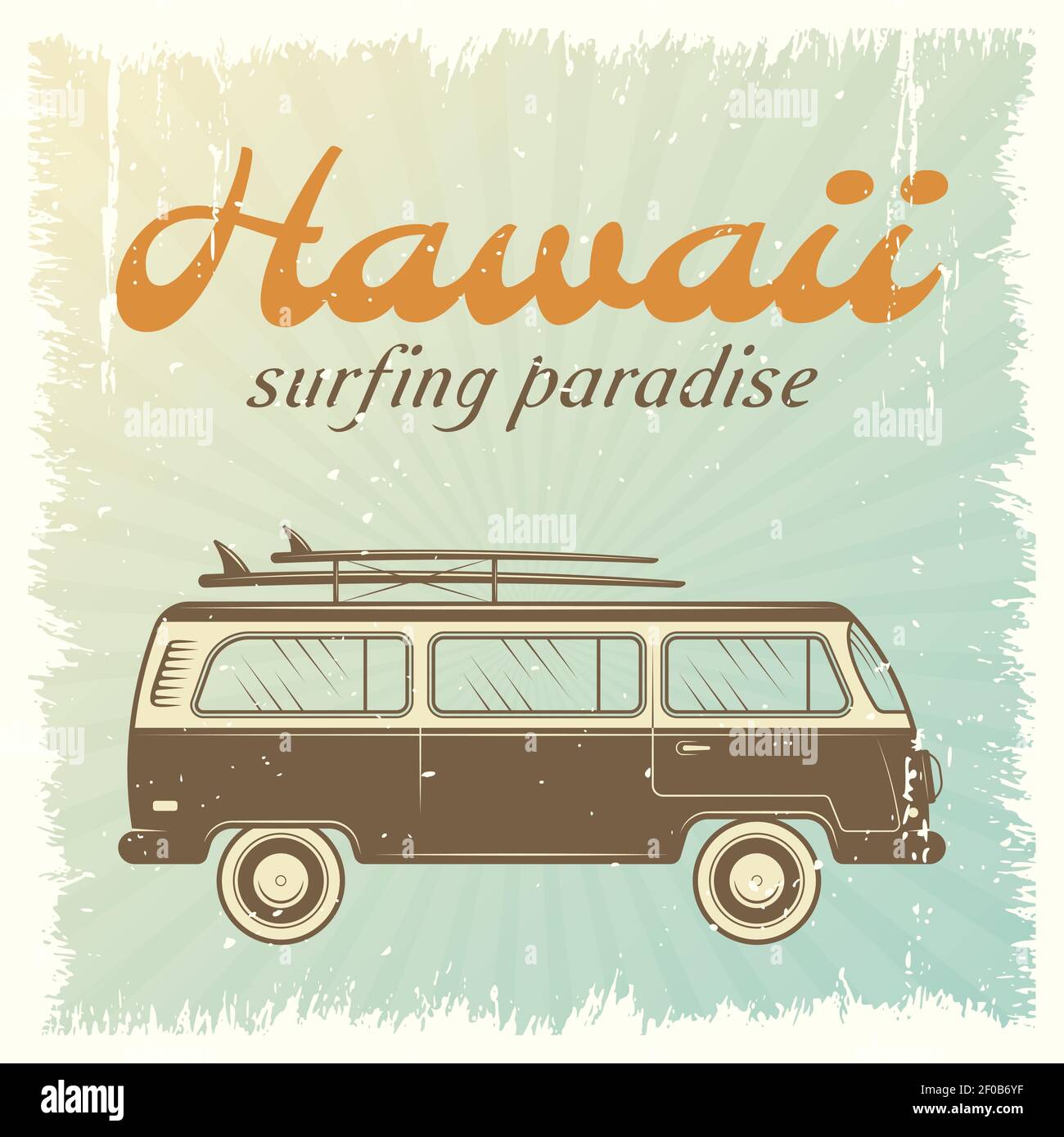 Surfing car retro poster with bus on light blue background and headline ...