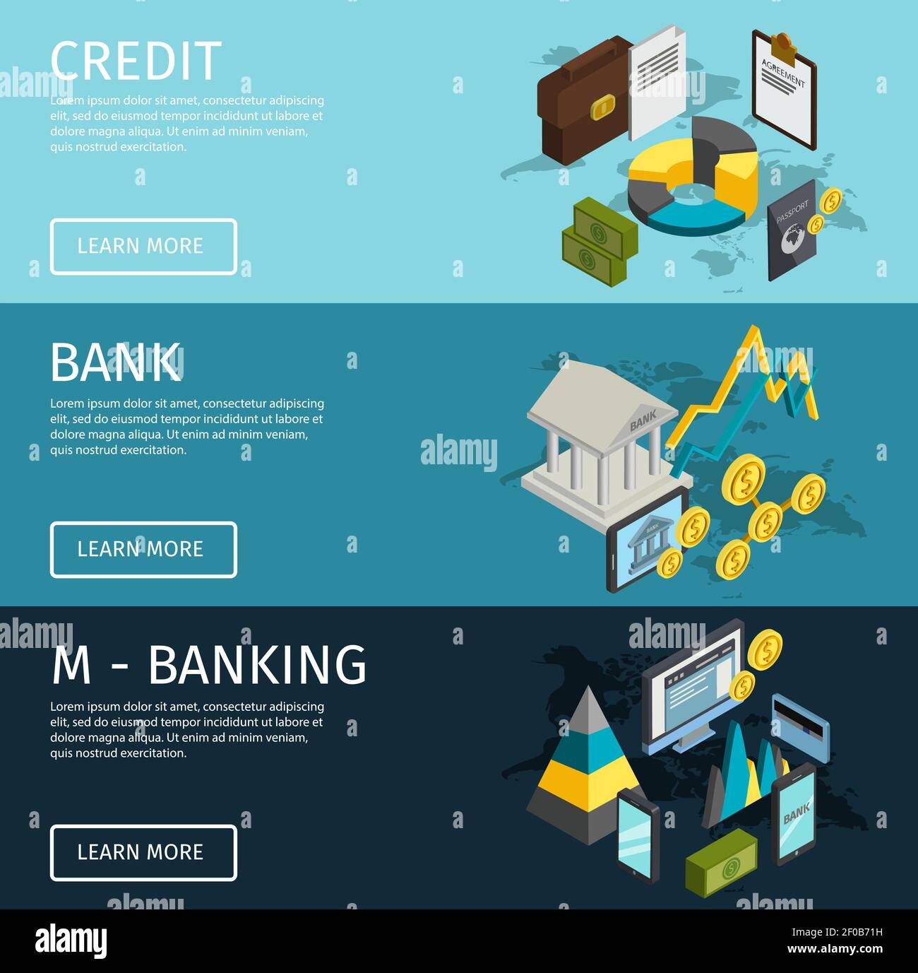 Three horizontal atm isometric banner set with descriptions of credit m ...