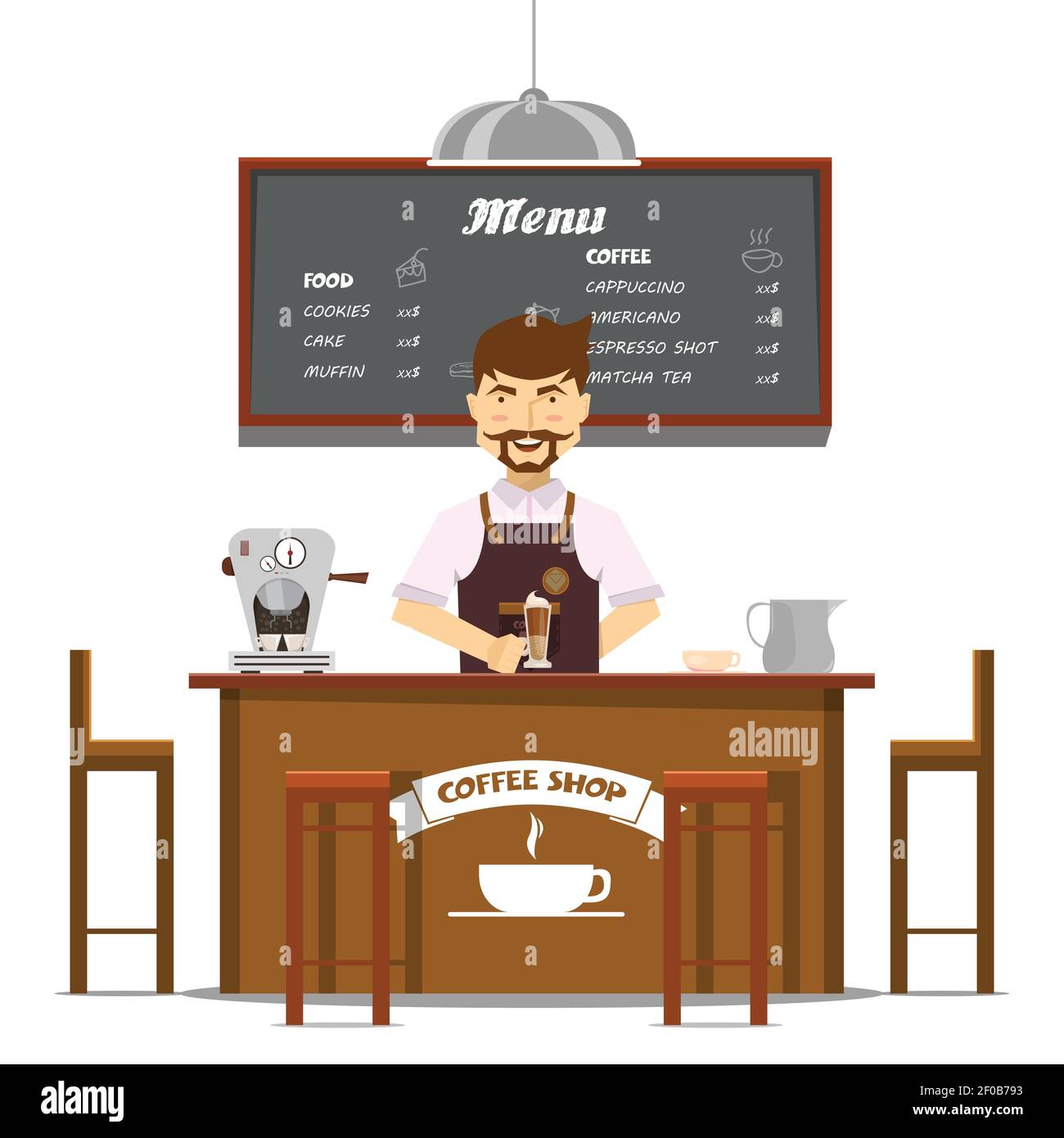 Barista makes coffee design with smiling man behind counter menu on ...
