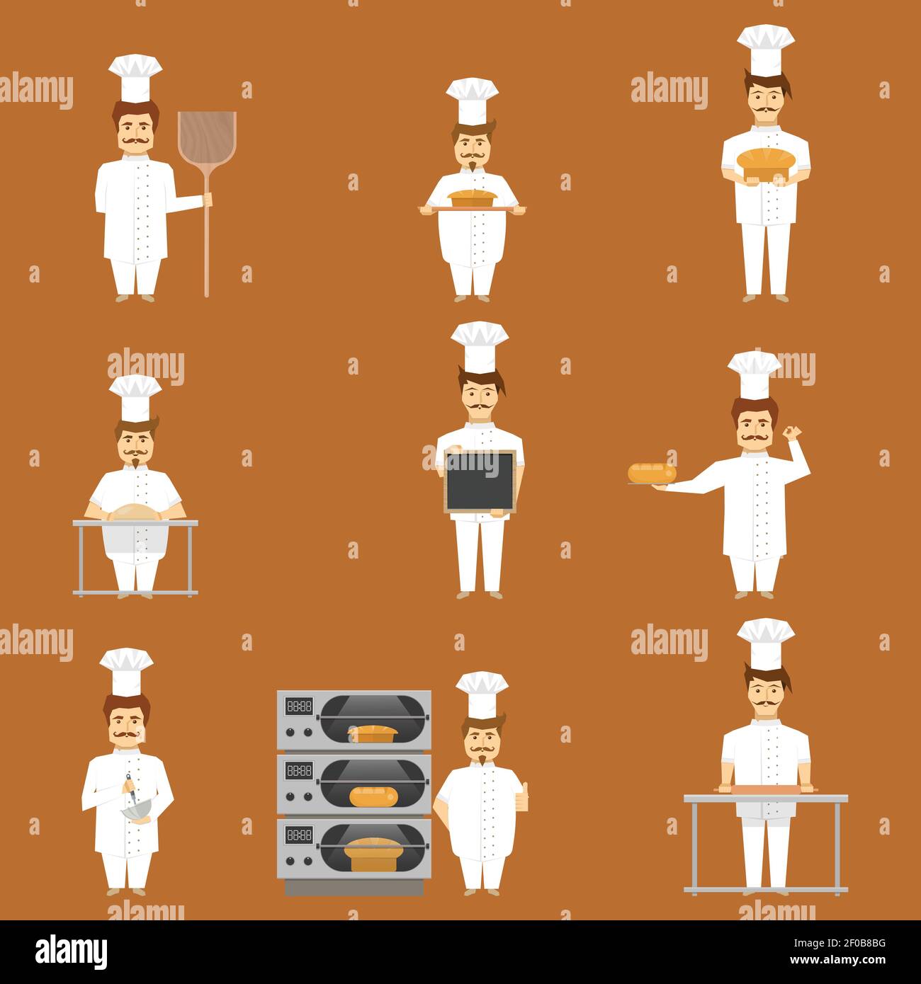 Baker set of characters with bread and cooking tools on tan background ...