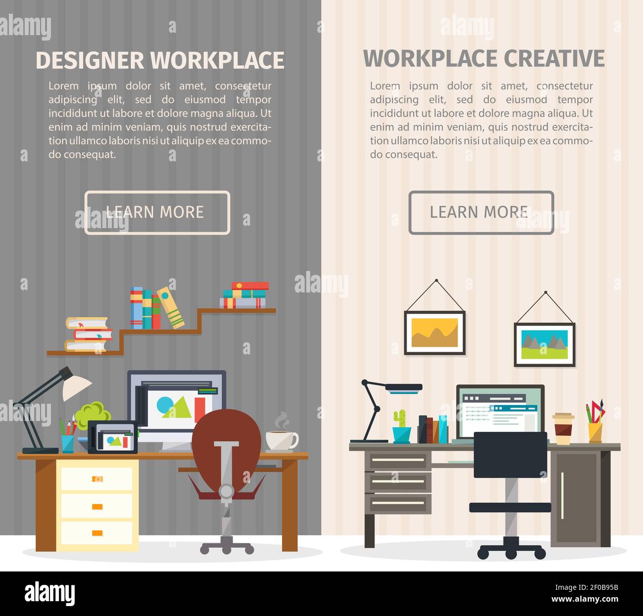 Two interior working place banner set on designer workplace and ...