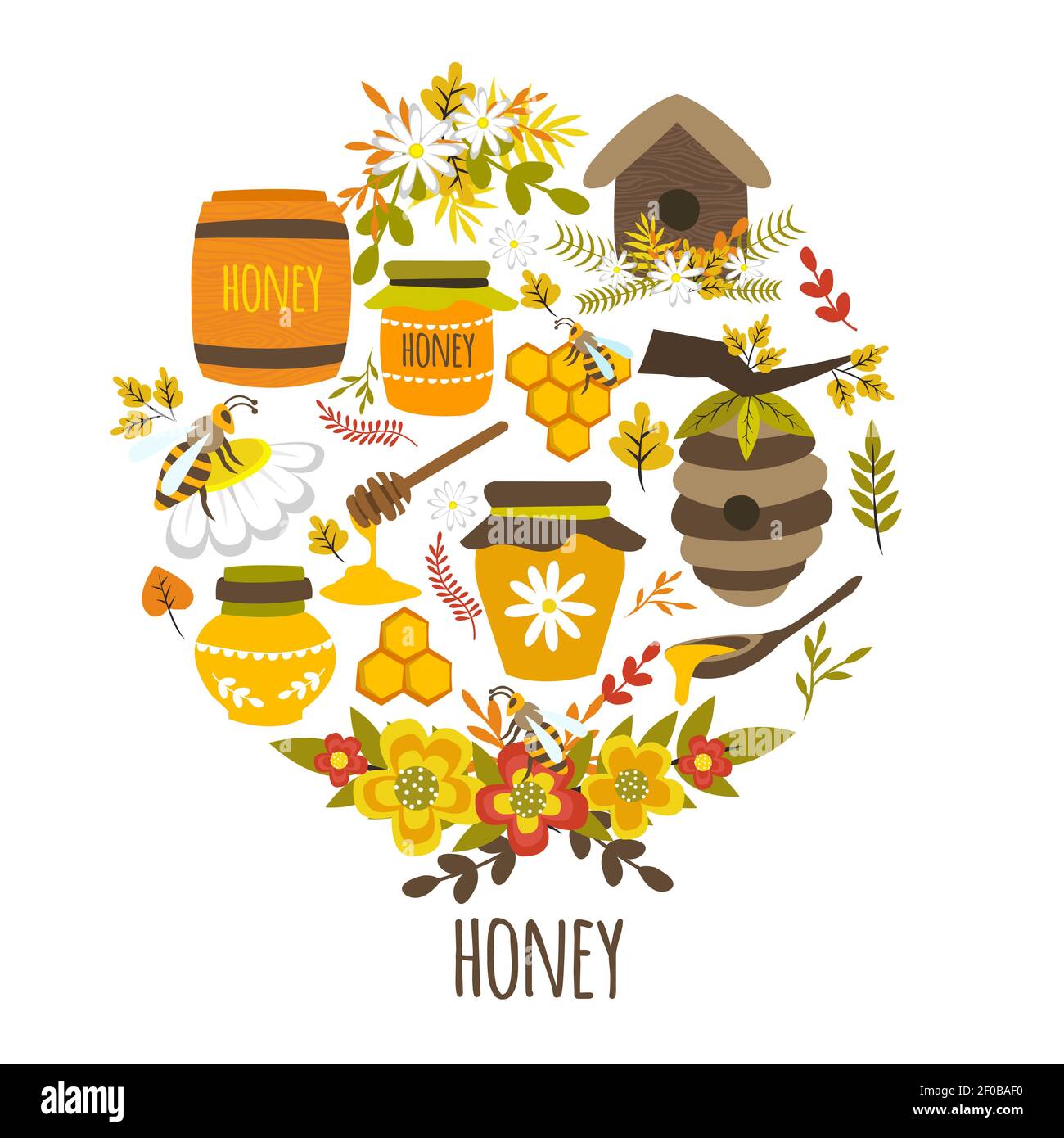 Honey hand drawn round design with title bee products colorful leaves ...