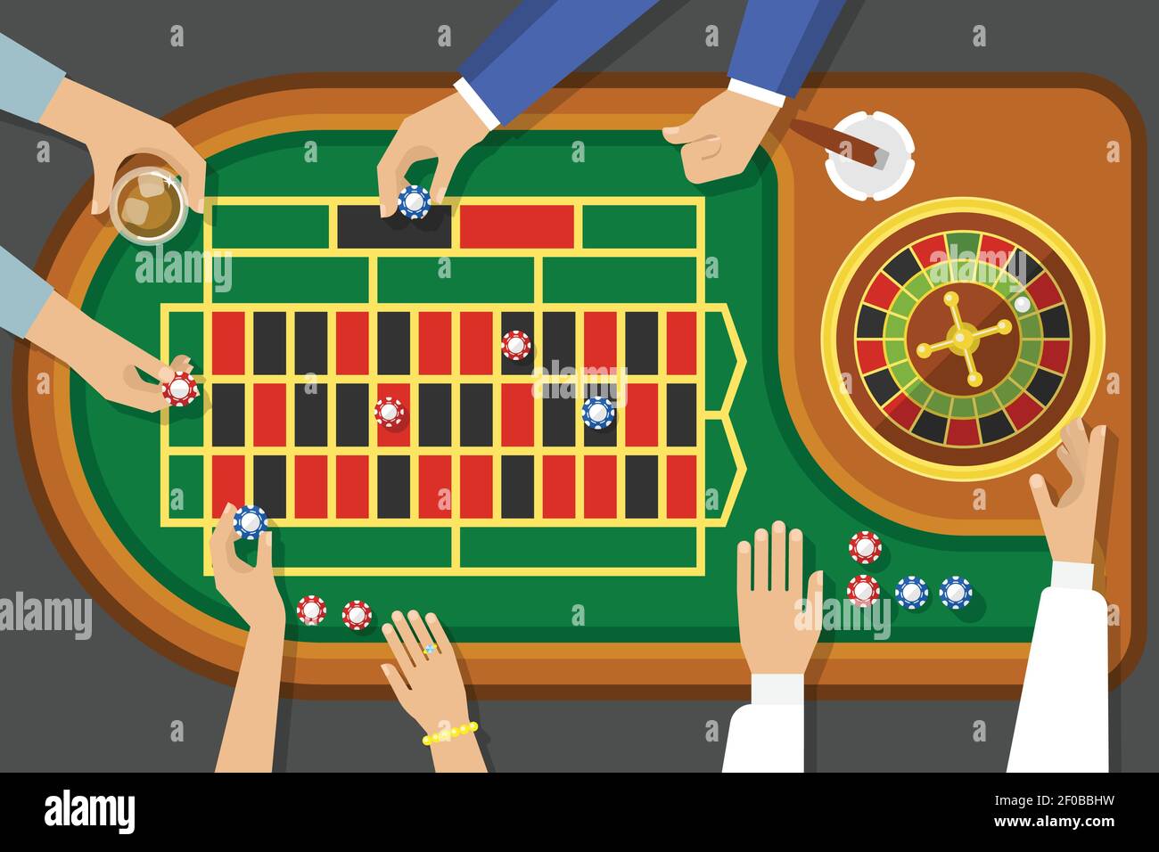 Game of roulette top view with female and male hands cigar chips on ...