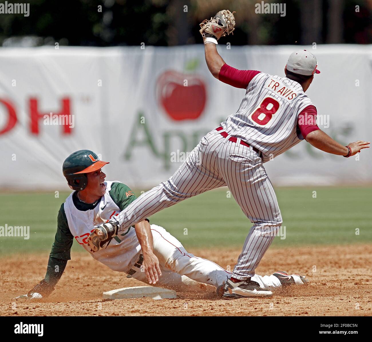 Miami's Nathan Melendres, left, and second baseman Florida State's ...