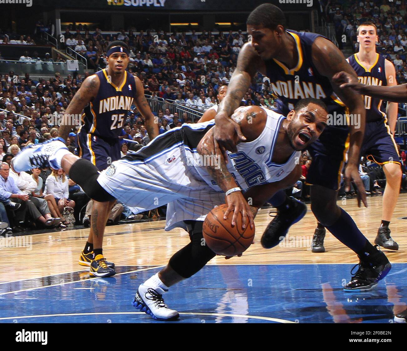 Orlando Magic's Jameer Nelson (14) is fouled by the Indiana Pacers ...
