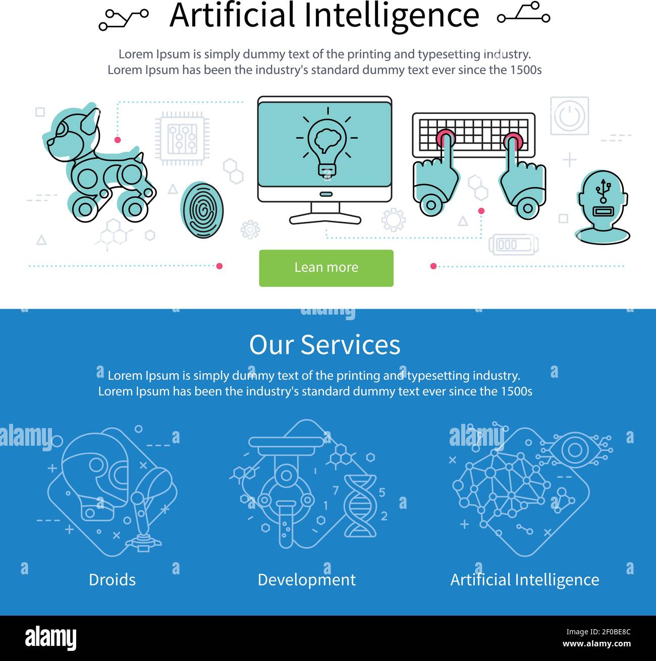 Two artificial intelligence banner set with green button and blue ...