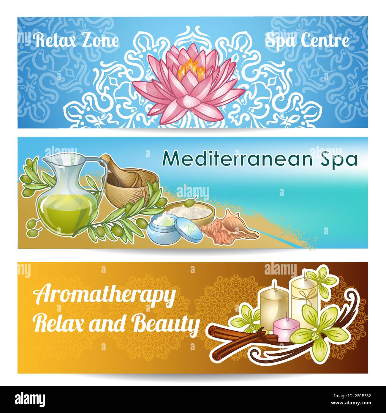 Three horizontal spa salon banner set with relax zone spa centre ...