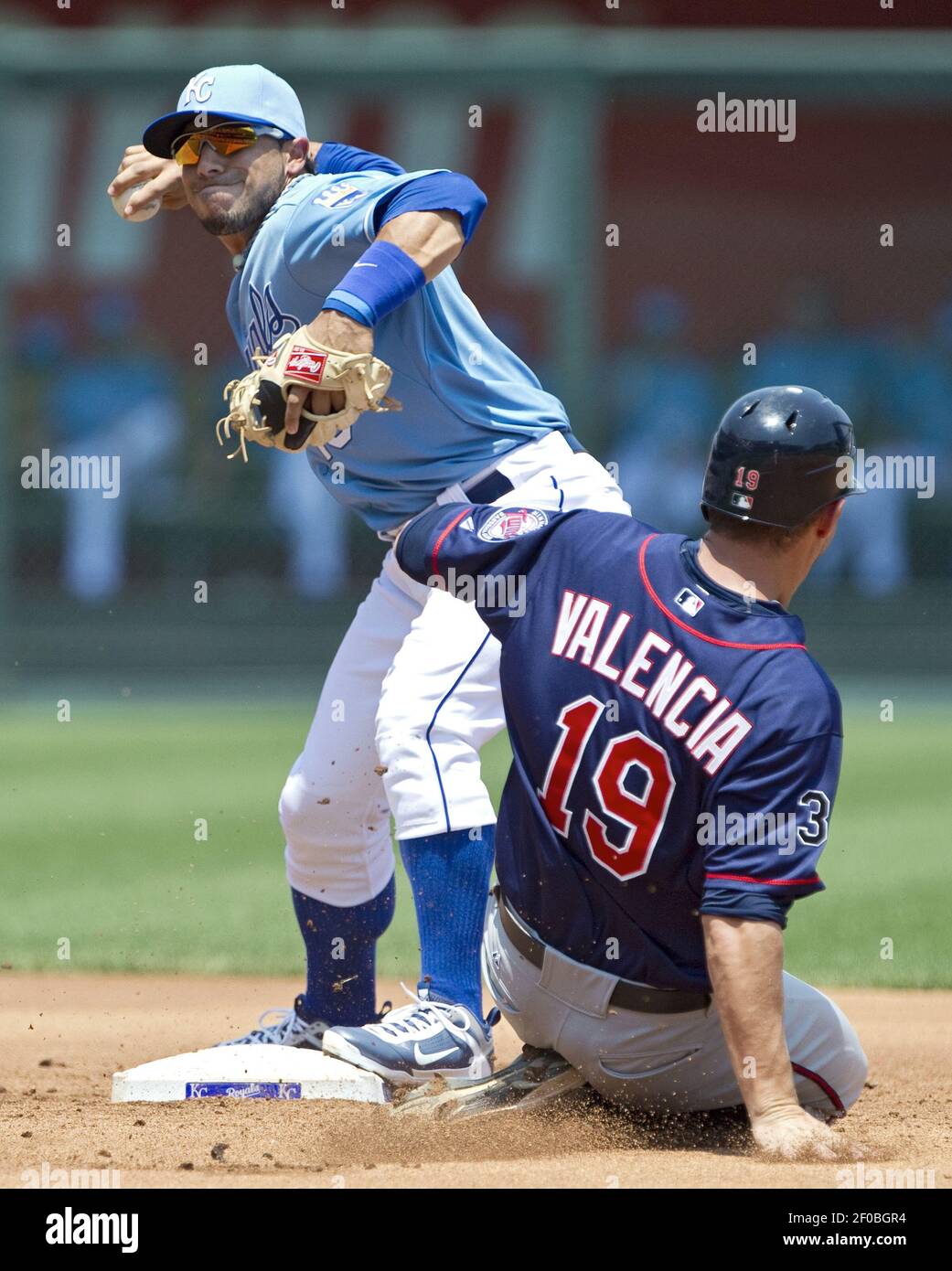 Kansas City Royals second baseman Mike Aviles (13) launches a throw to ...