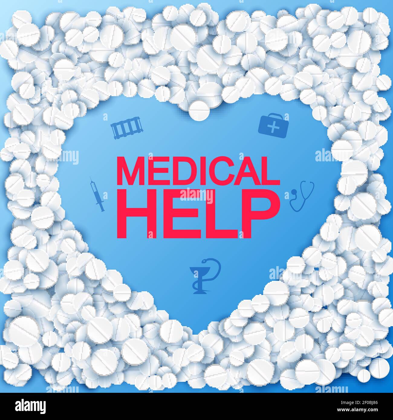 Medical Help background with heart shape pills and icons on blue ...