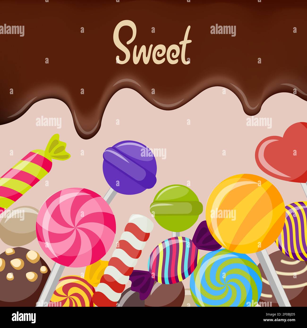 Sweet candy poster with chocolate which flows down on candy lollipops ...