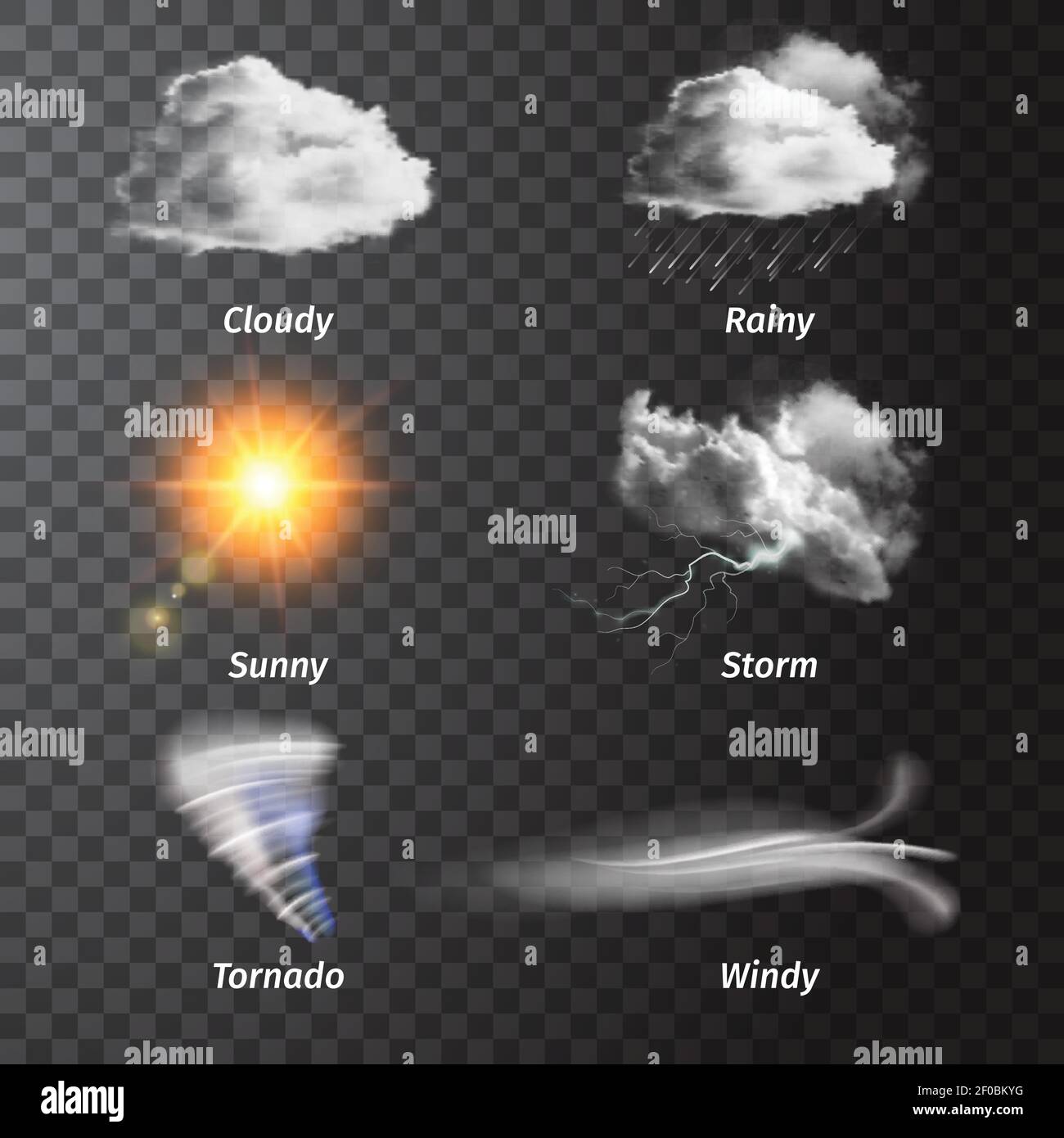 Realistic set weather icon set with cloudy sunny storm rainy windy ...