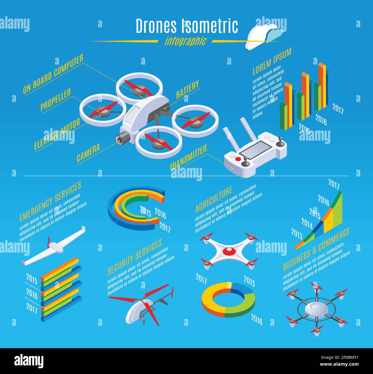 Isometric infographic drones template with quadrocopter construction ...