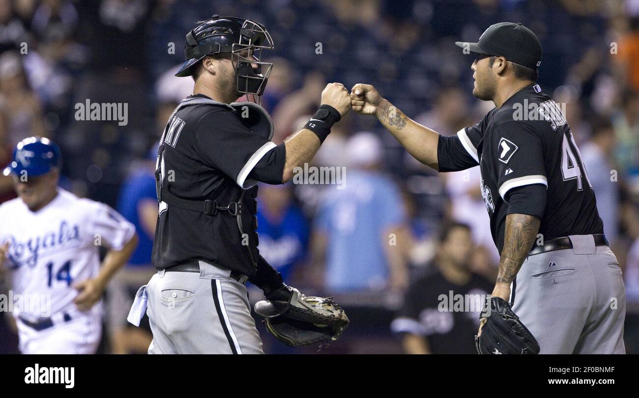 Chicago White Sox relief pitcher Sergio Santos (46) and catcher A.J ...