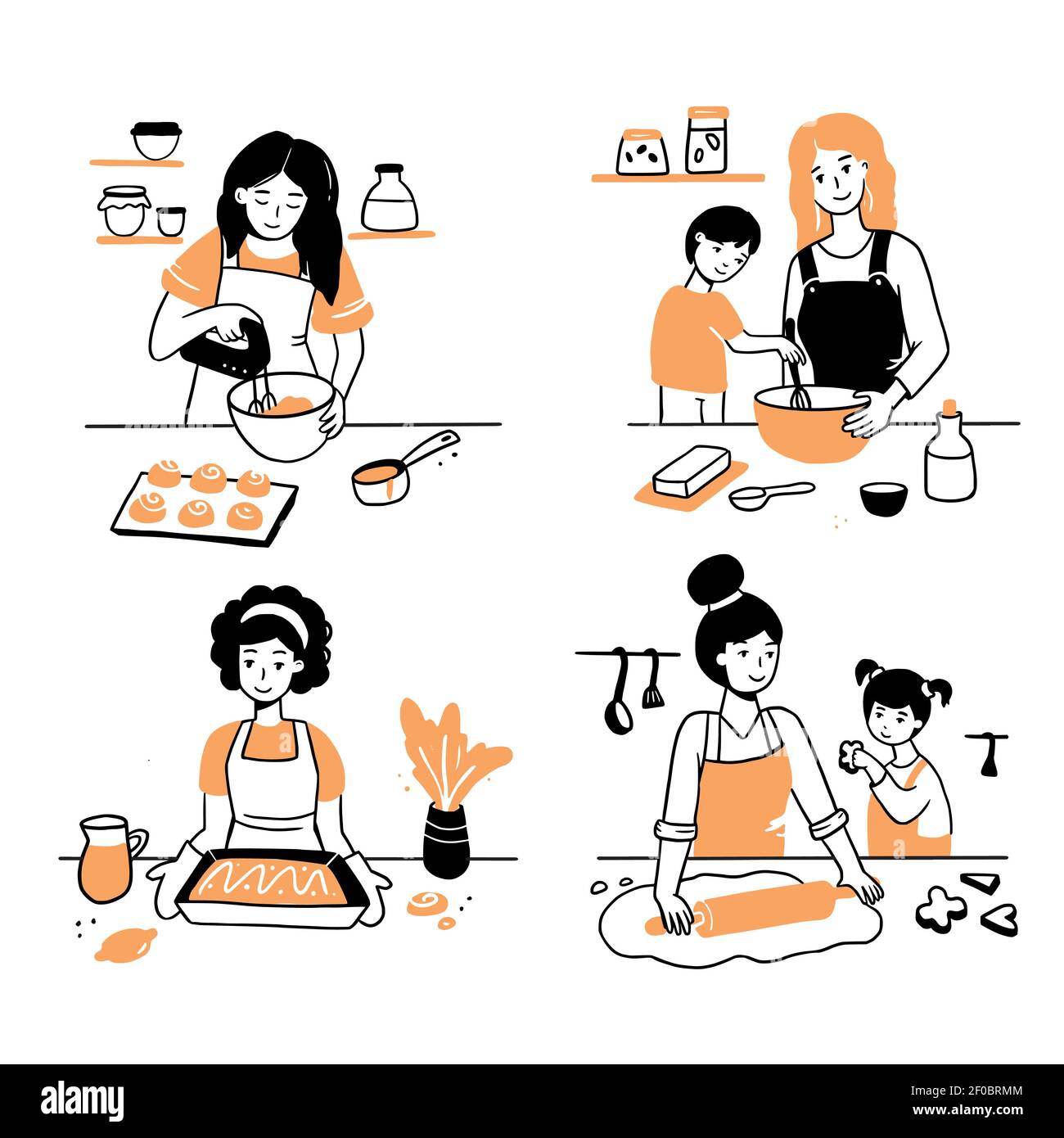 Hand drawn set of cooking people character. Smiling young woman, mom ...