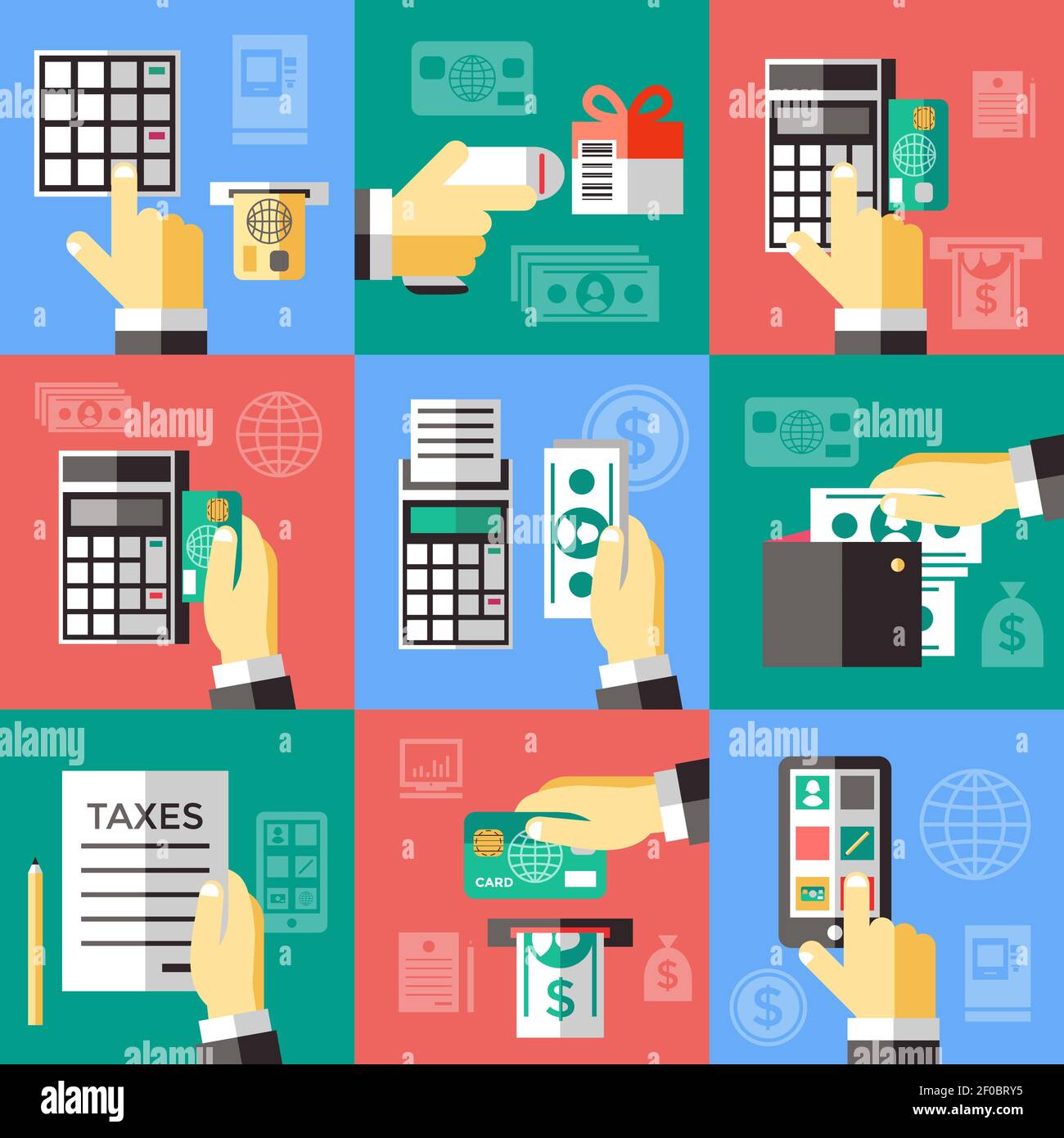 Electronic financial operations decorative icons set with hand banking ...