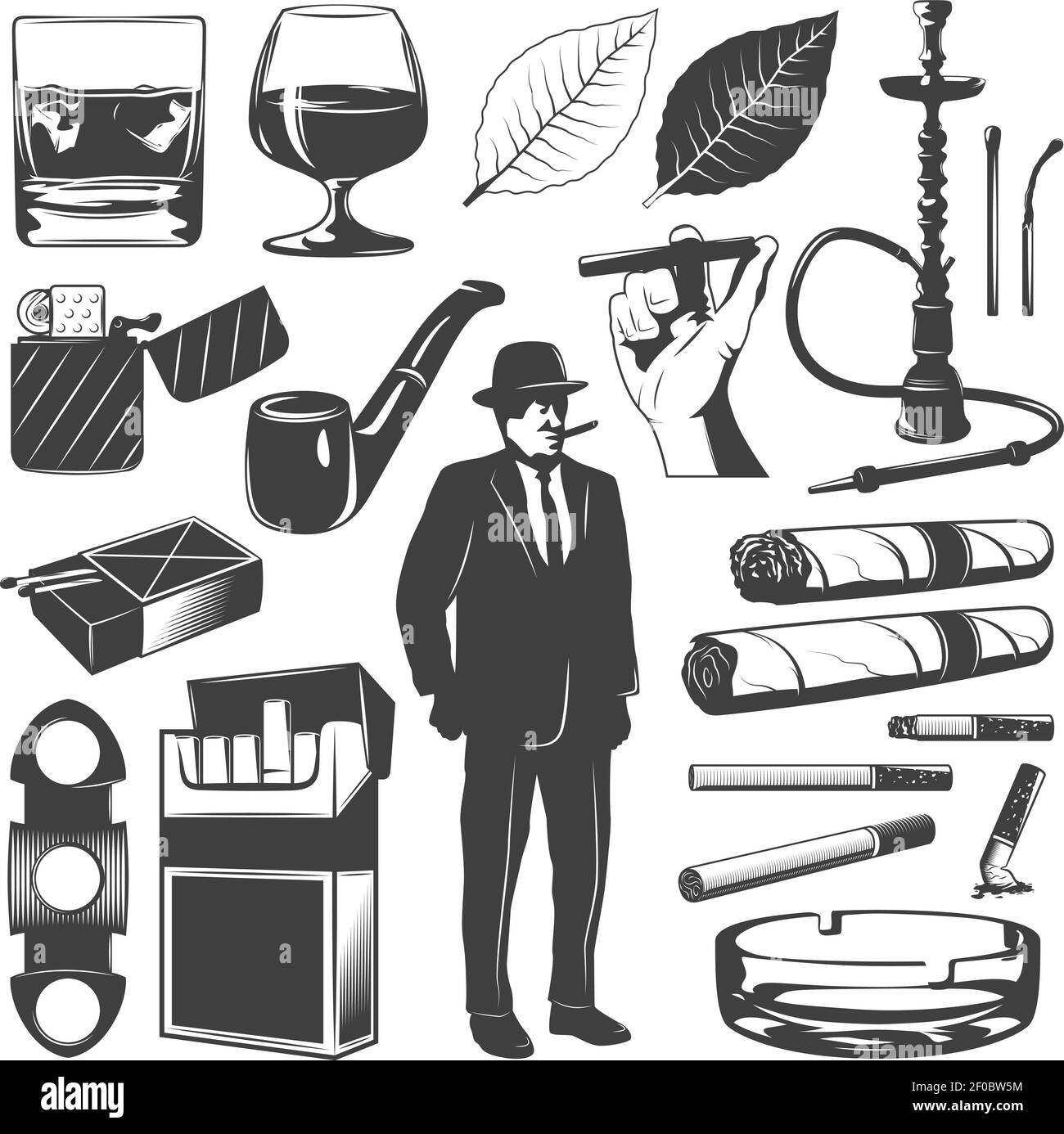 Smoking black isolated icon set with different types of tobacco and ...