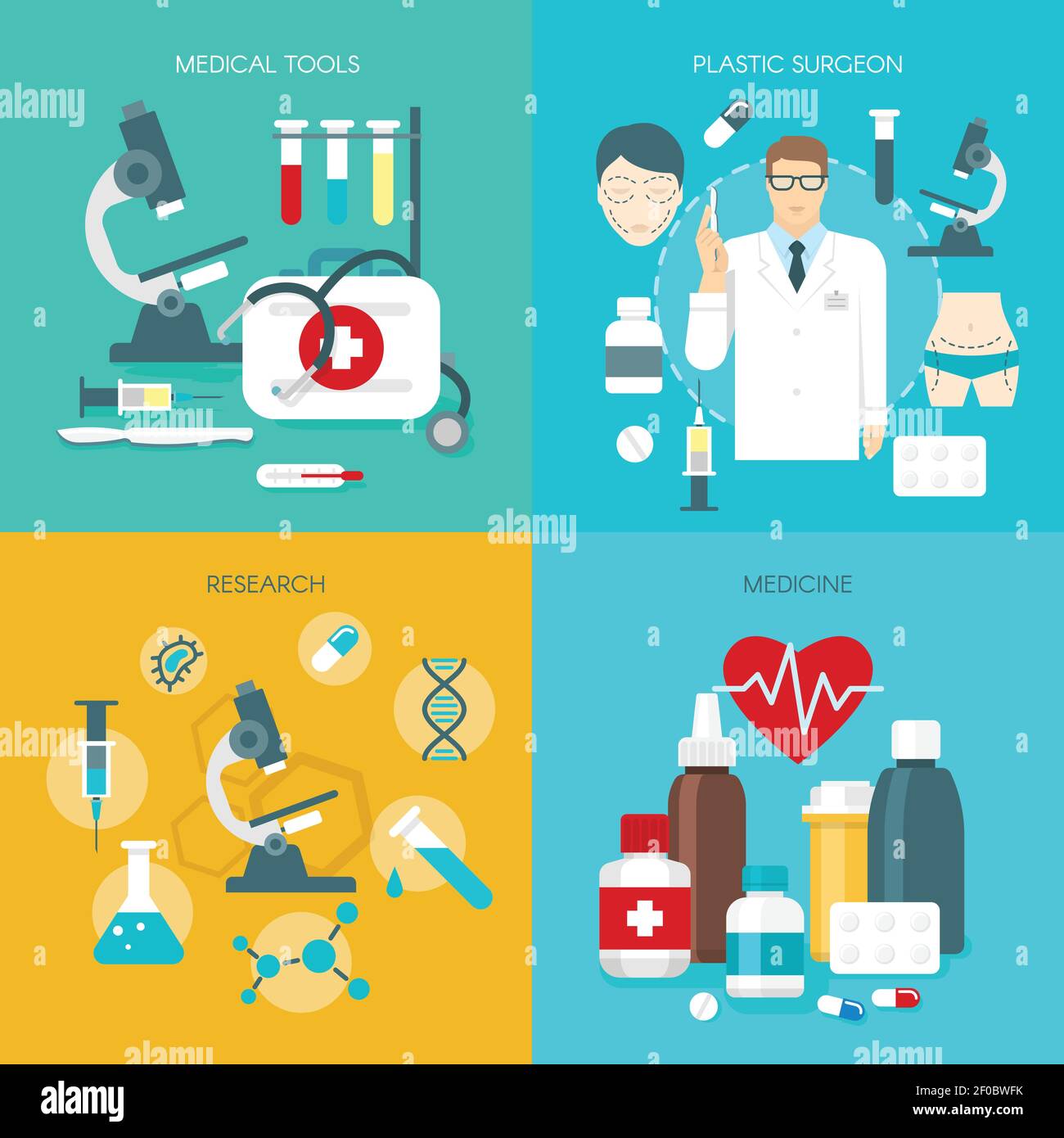 Flat medicine icon set with description of medical tools plastic ...