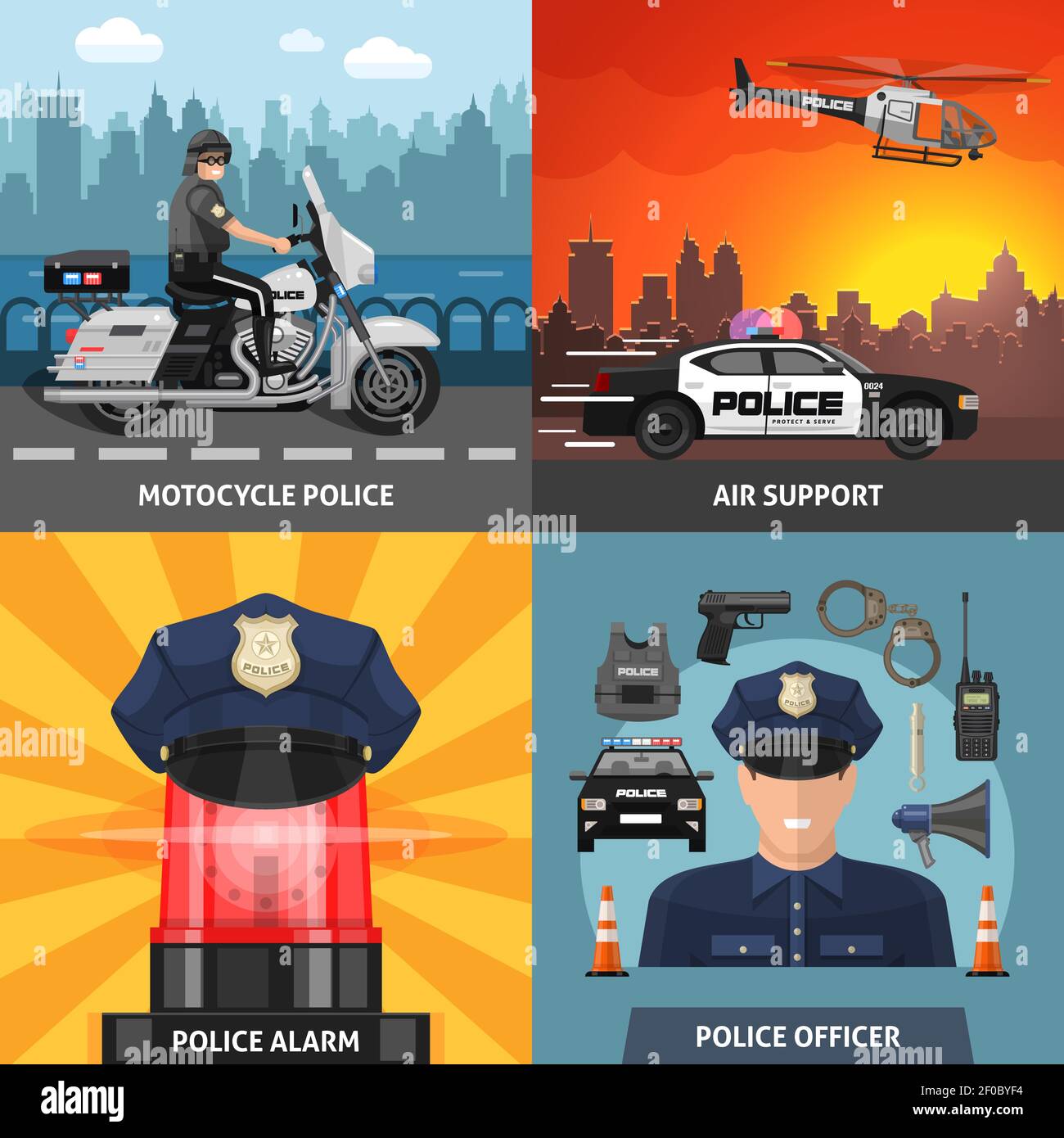 Four square colored police icon set with headlines motorcycle police ...