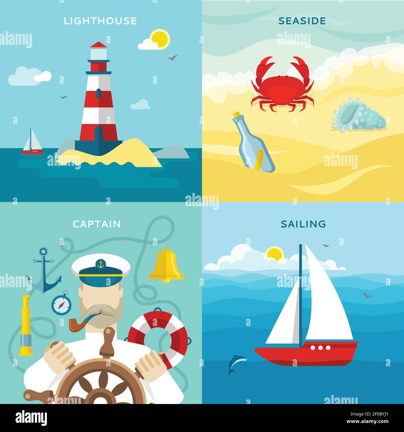 Four square nautical colored icon set with description of lighthouse ...