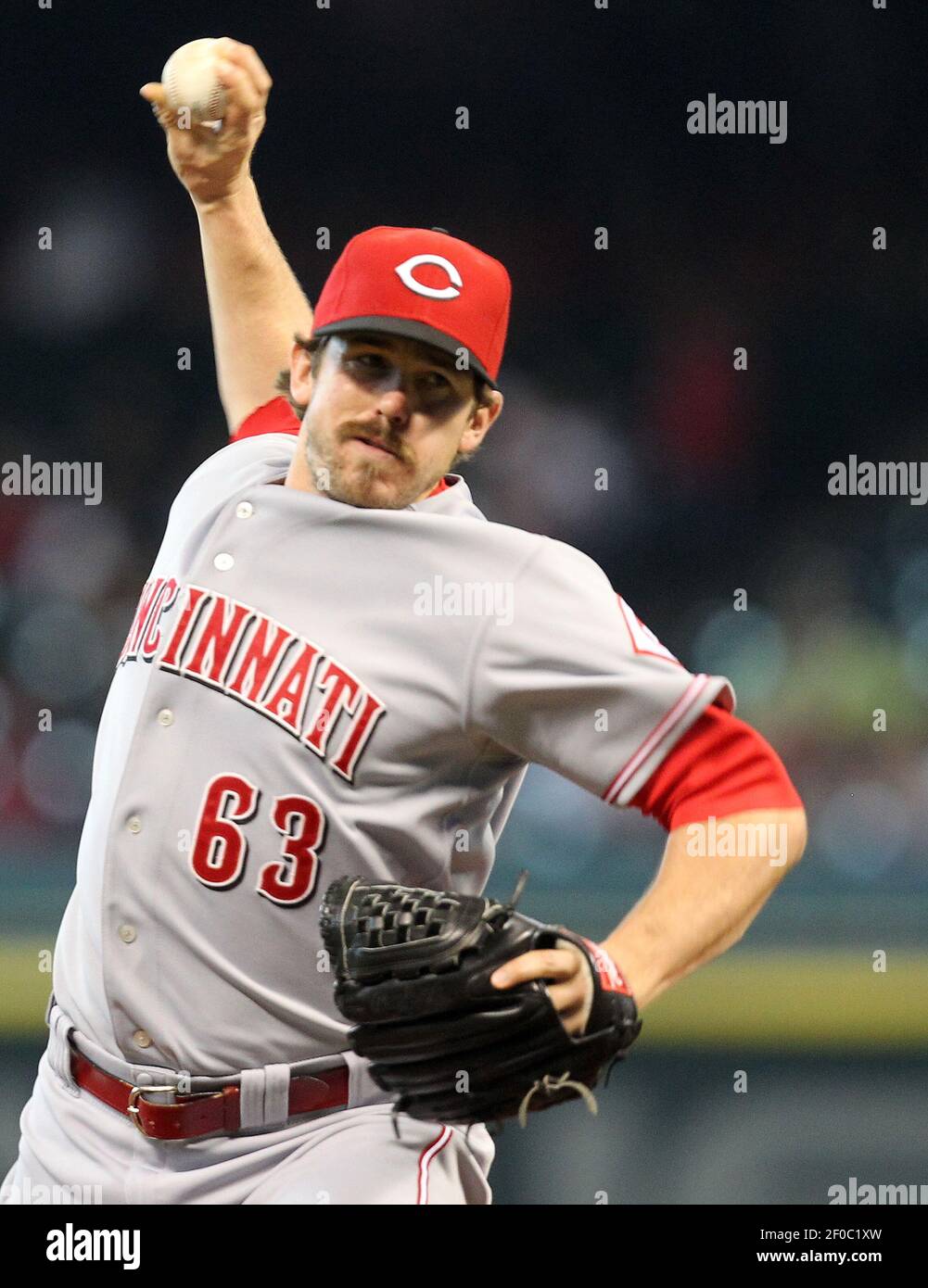 Sam LeCure (63) of the Cincinnati Reds pitches in relief against the ...