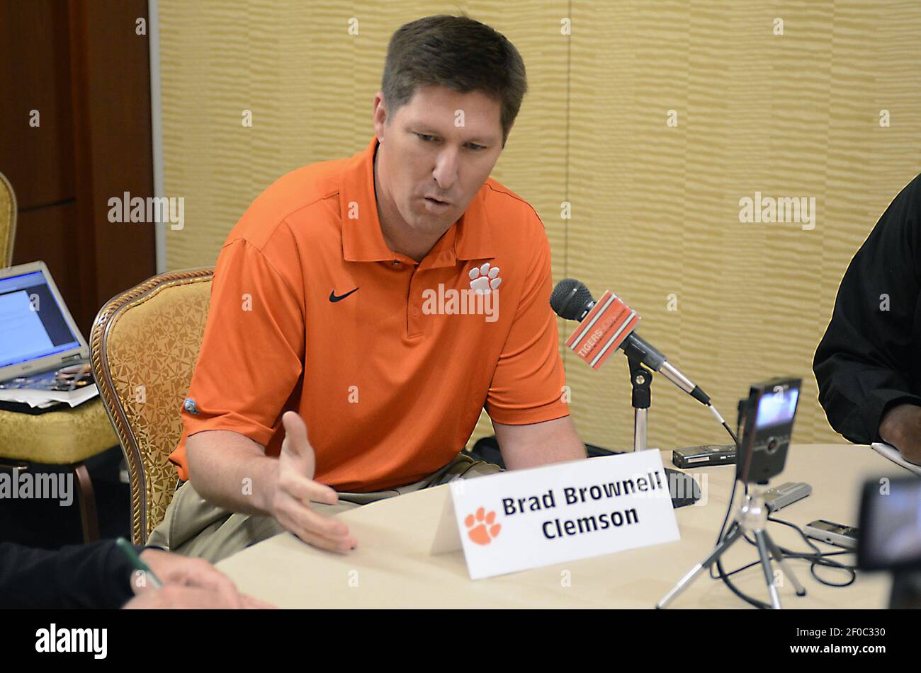 Clemson basketball coach Brad Brownell talks with the media during an ...