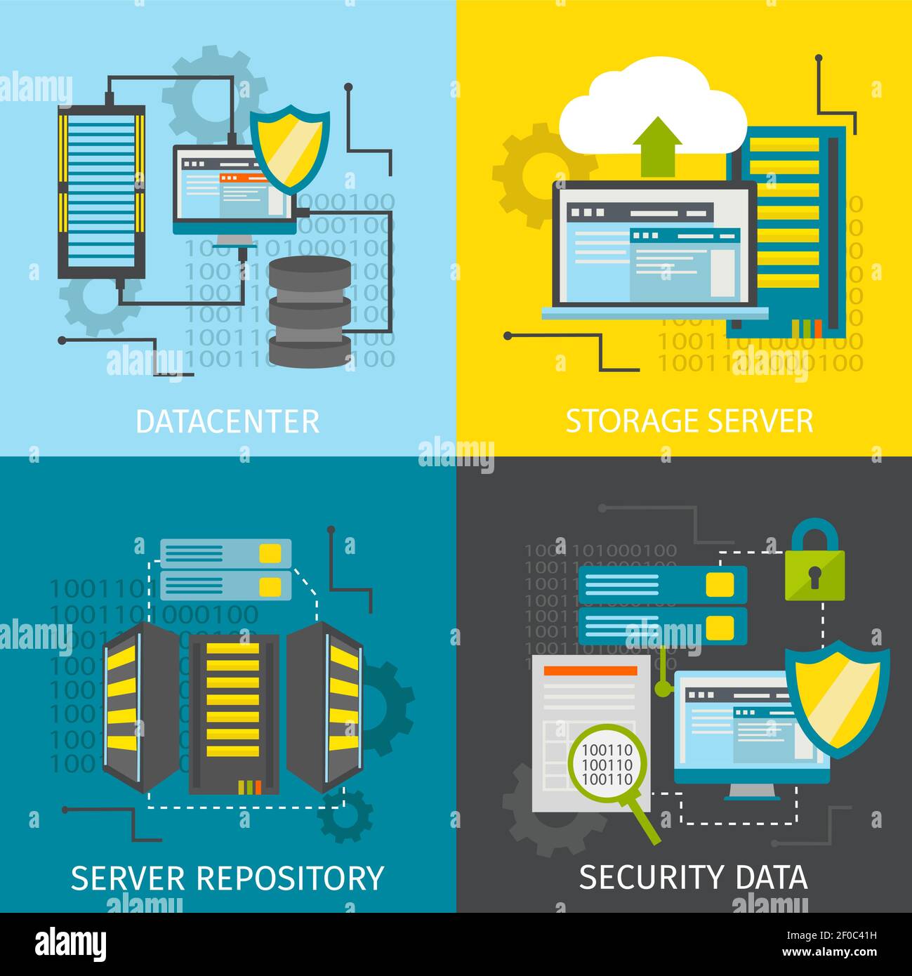 Square datacenter icon set with descriptions of datacenter storage ...