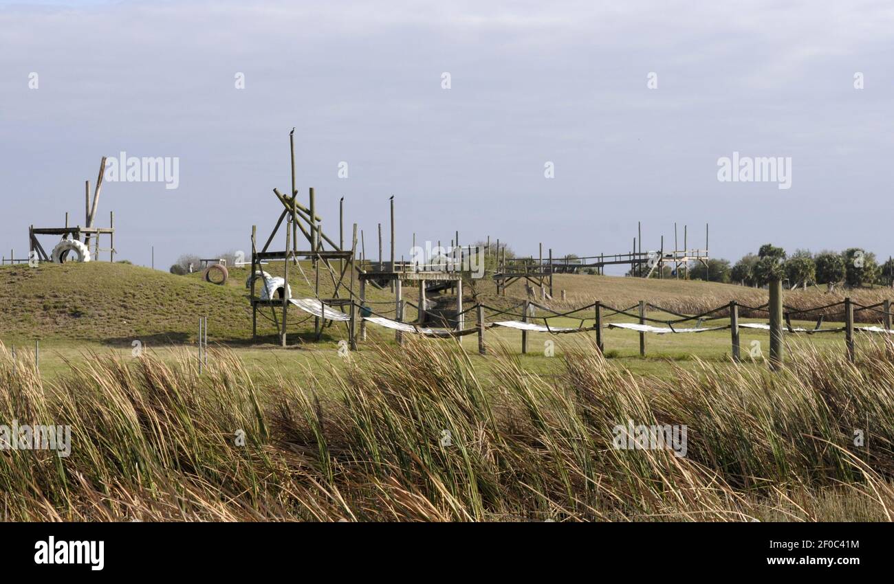 Wooden structures built on one of the islands provide places for ...