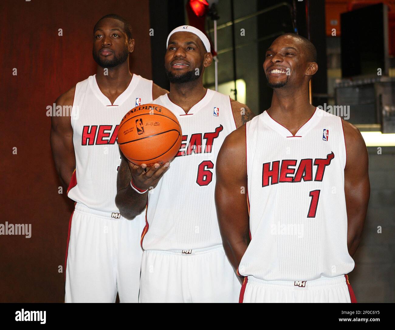 Miami Heat's Dwyane Wade, from left, LeBron James and Chris Bosh pose ...