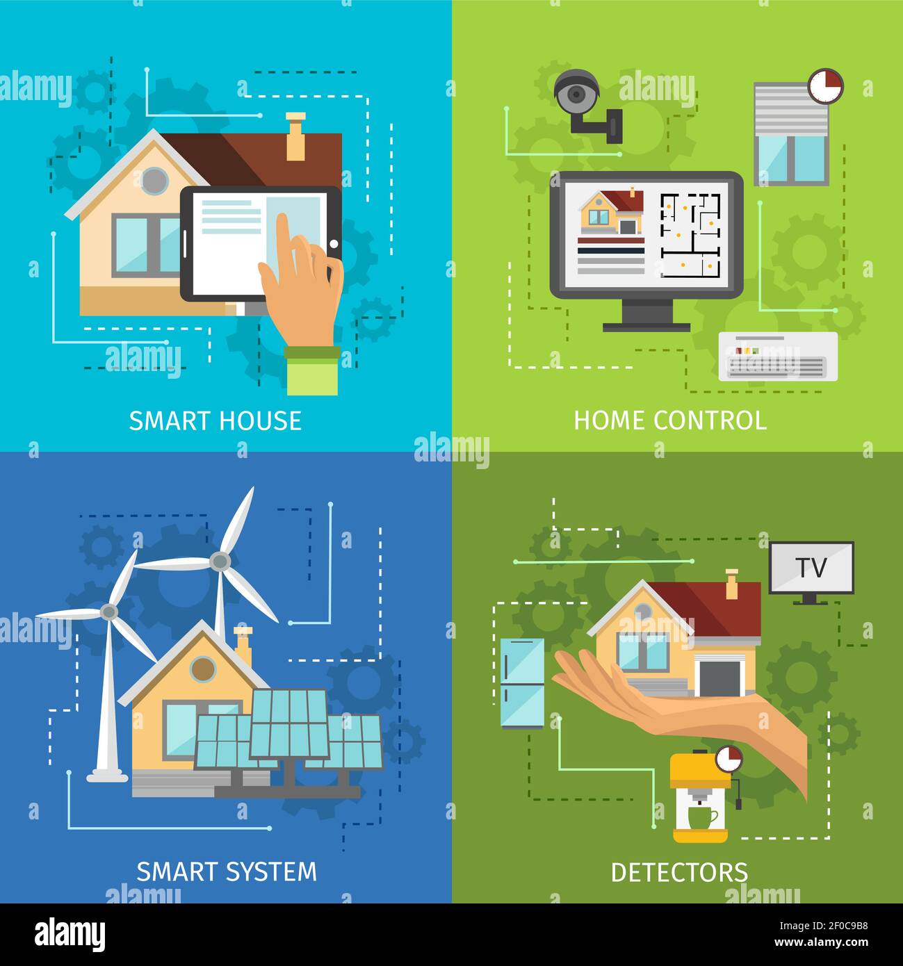Colored smart house icon set with descriptions of smart house system ...