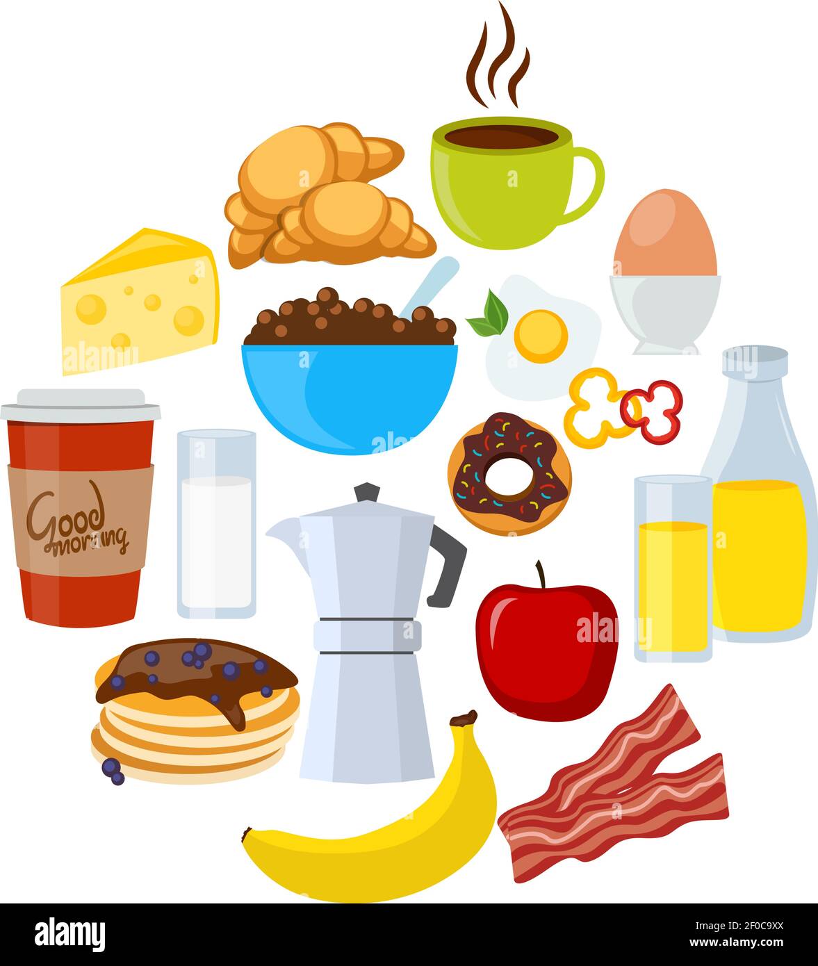 Icon flat set arranged in circle with elements of breakfast dishes and ...