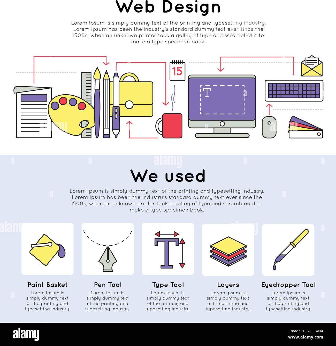 Colorful linear web design concept with different devices tools and ...