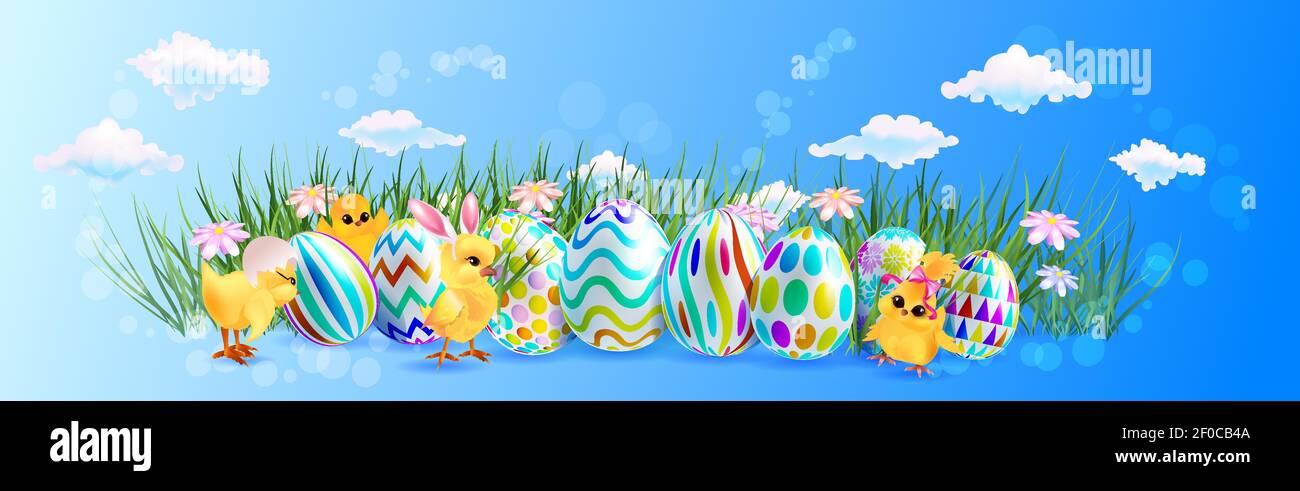 cute chicks with decorative eggs happy easter holiday celebration ...