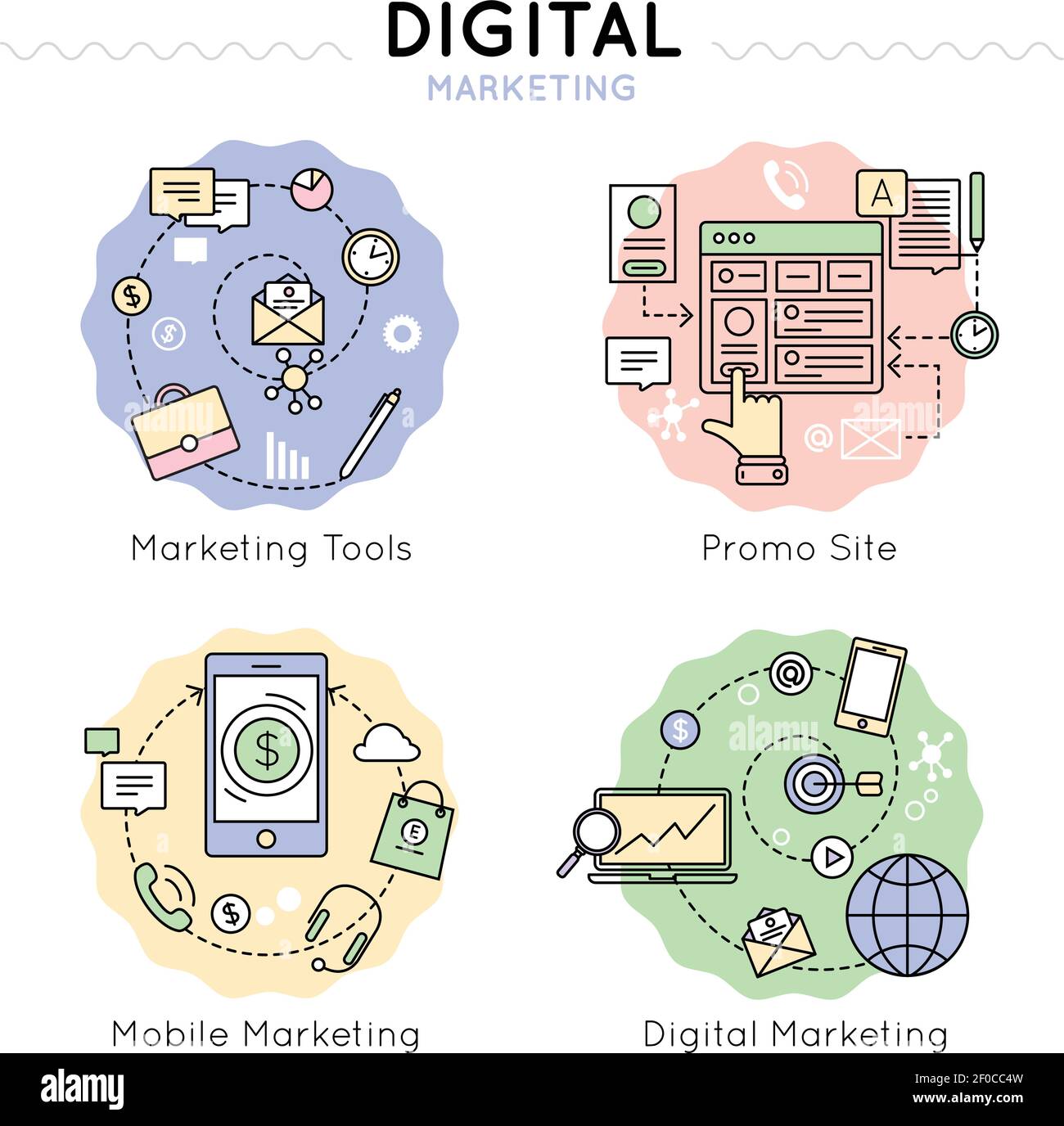 Digital marketing colored icon set with marketing tools promo site ...