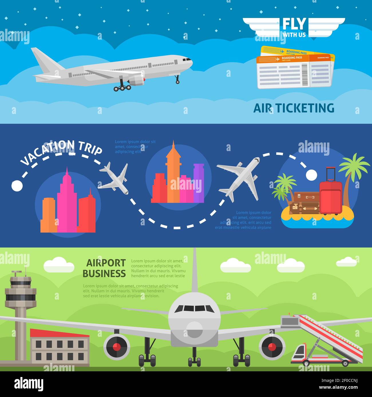 Air travel horizontal banners set with ticket service vacation trip ...