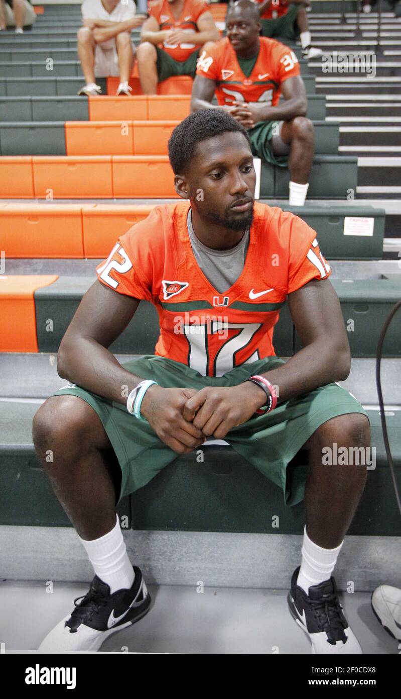 Jacory Harris sits at the end of a media interview session during Media ...