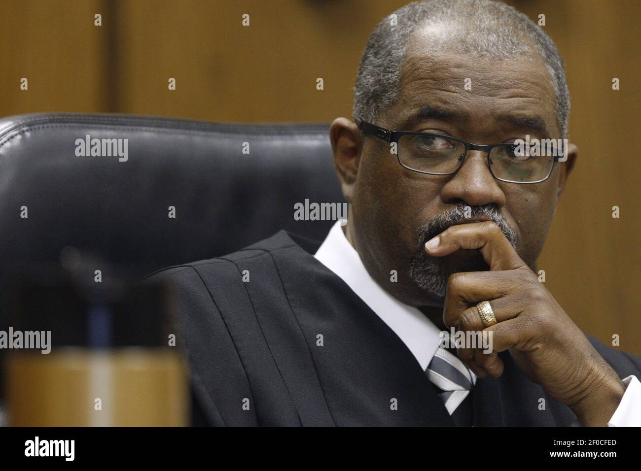 Judge Orlando Hudson listens to witness Tom Bevel during Michael ...