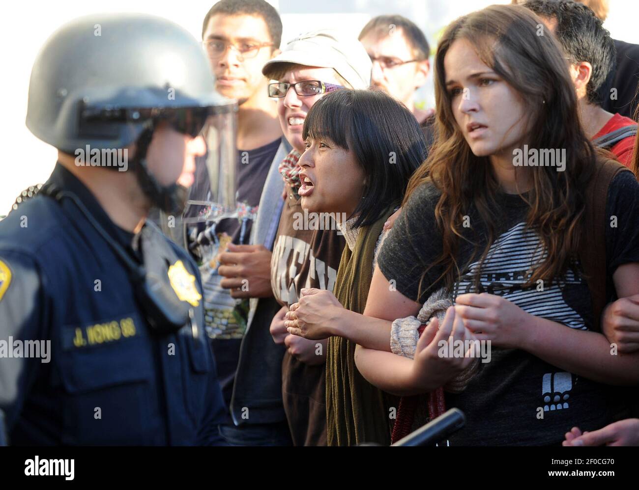 Yvette Felarca yells at riot police during an Occupy protest on ...