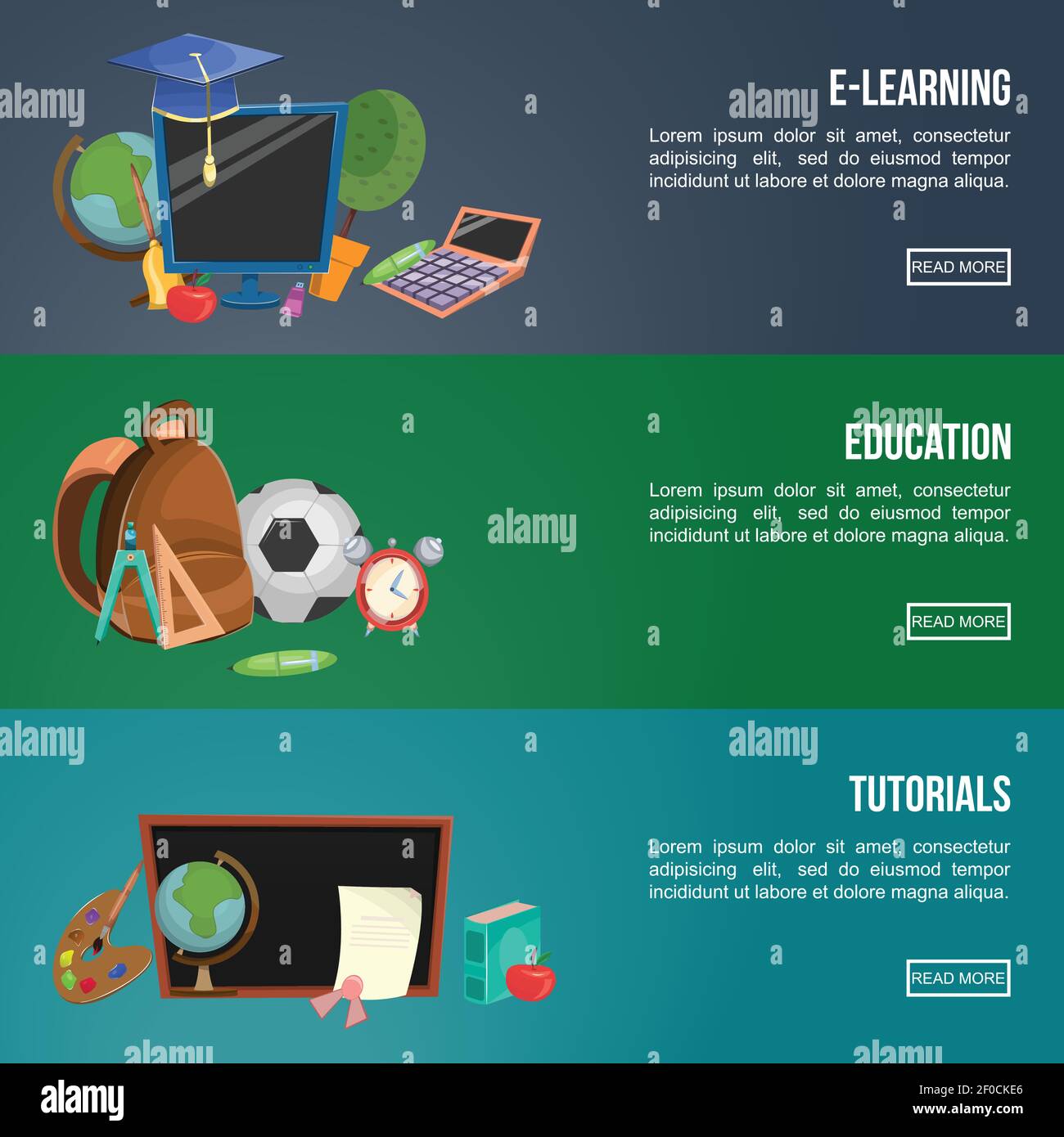 Three horizontal colored education banners set on elearning education ...